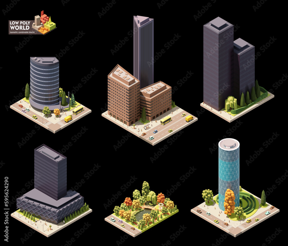 Vector isometric world map creation set. Combinable map elements. City downtown or center map ...