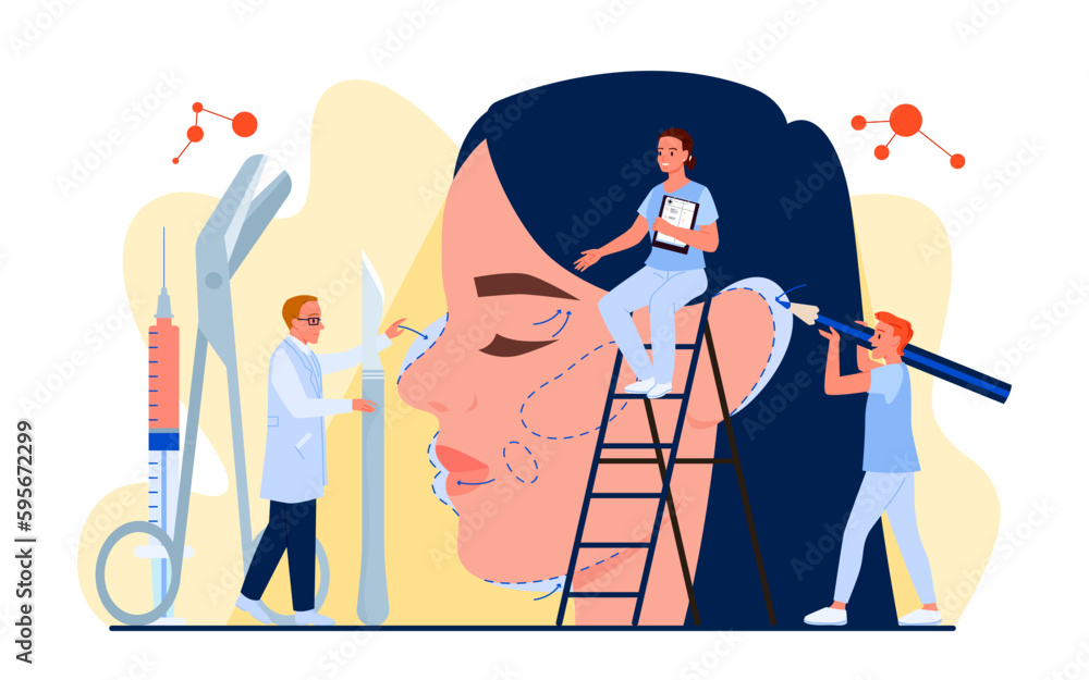 Plastic surgery vector illustration. Cartoon tiny doctor holding pencil ...