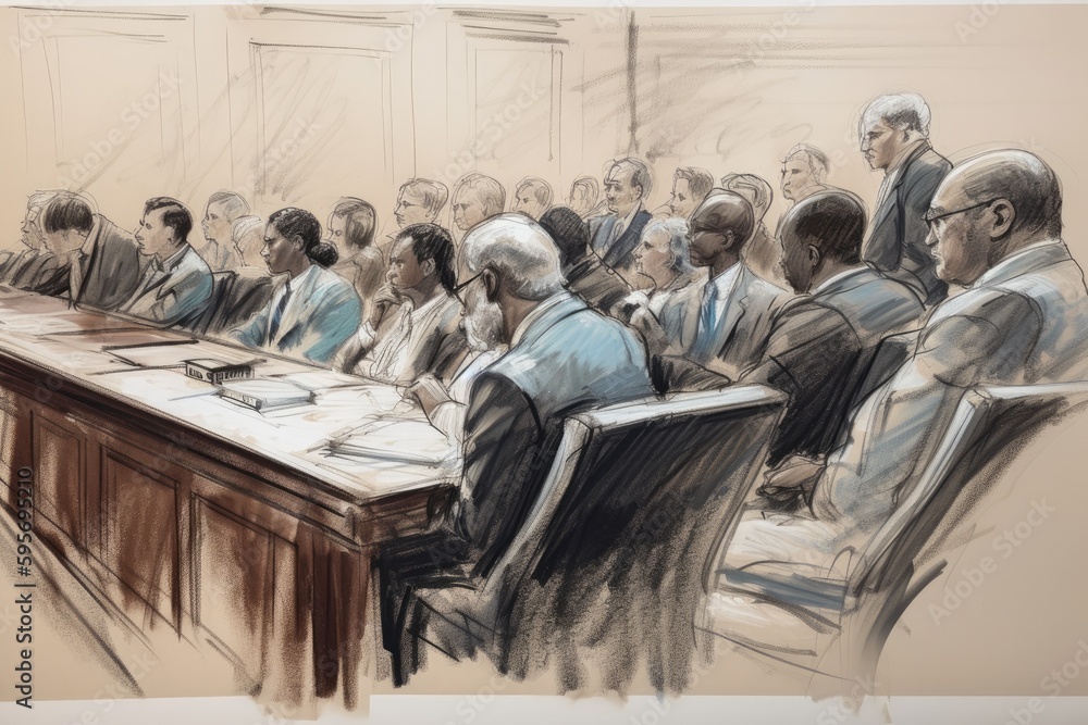 Illustration of a jury sitting in a courtroom, waiting to deliver a ...