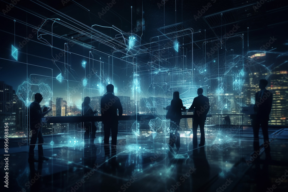 Group of developers working in office, abstract illustrations around ...