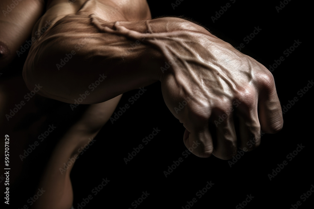 Tense arm closeup with veins, bodybuilder muscles on a dark background ...