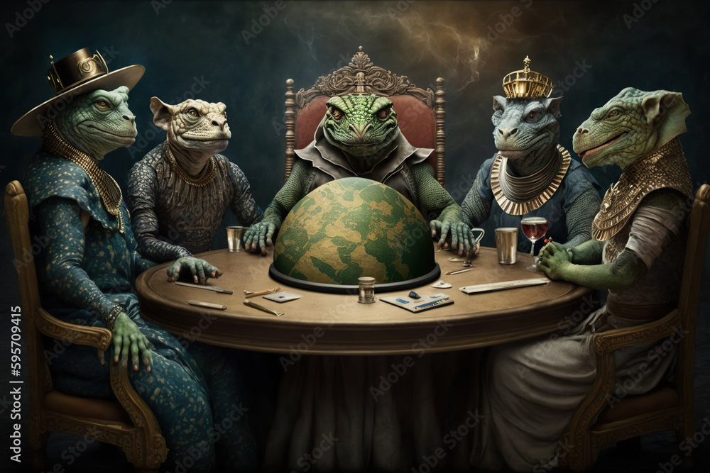 Reptilians sit at a round table with a world map, created with ...