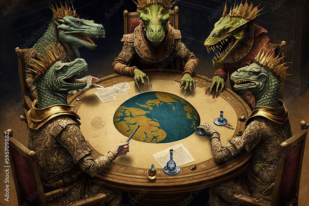 Ilustración de Stock Reptilians sit at a round table with a world map ...