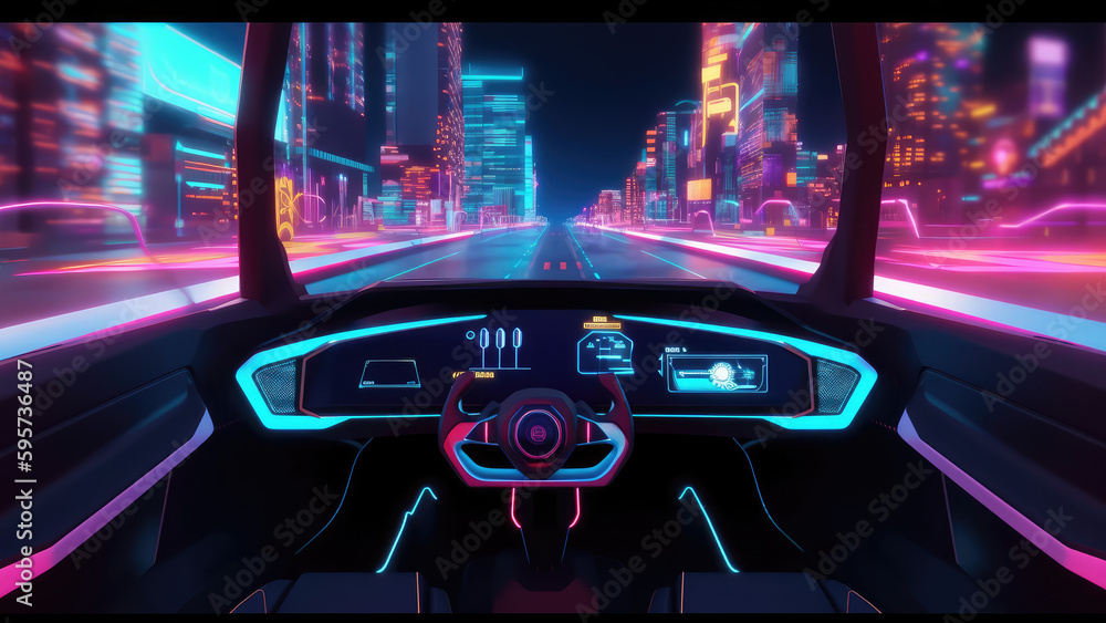 Car drive night road to city cartoon illustration. Cockpit inside view ...