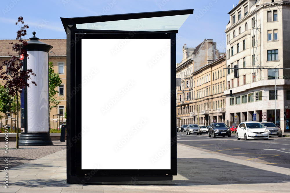 bus shelter blank ad panel. billboard display. empty white lightbox ...