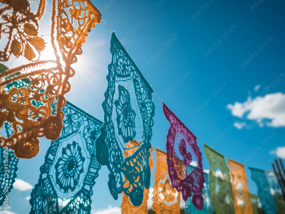 Colorful mexican perforated papel picado banner, festival colourful ...
