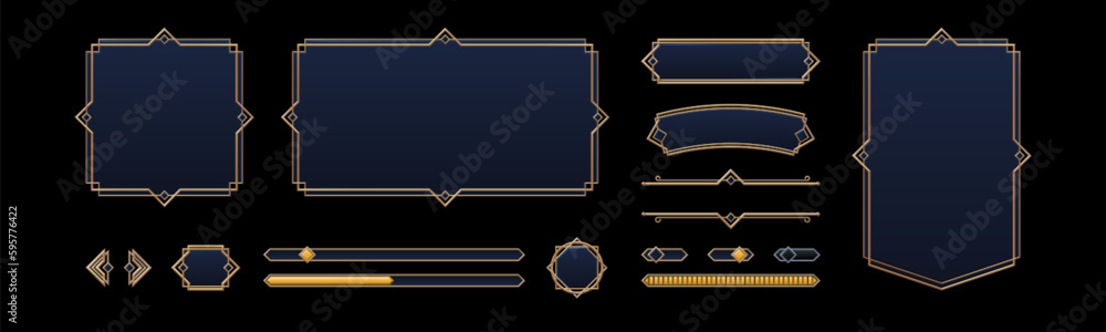 Game UI elements with gold frames in medieval style. Buttons, banners different shapes, progress ...