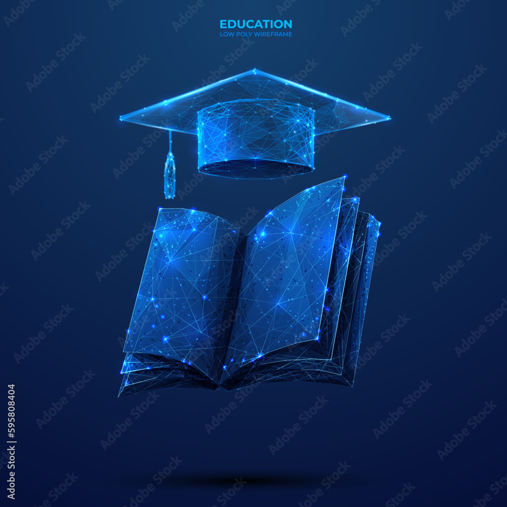 Abstract graduation cap over a book. E-learning or Education concept ...