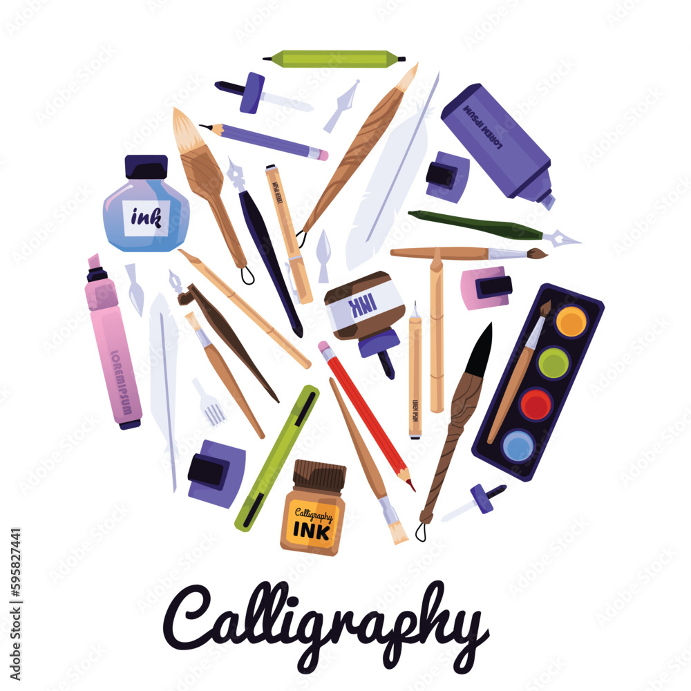Calligraphy tools set in shape of circle, flat vector illustration ...