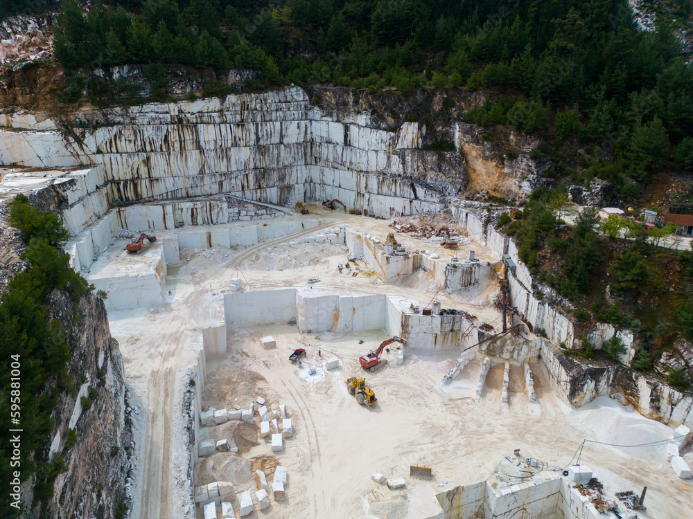 An aerial view of the Thassos Island quarry showcases the breathtaking ...