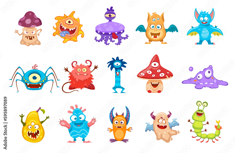 Monsters, cartoon cute funny characters and alien animals with happy ...