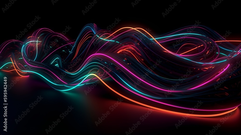 3d rendering, colorful neon curvy line with loops glowing in the dark ...