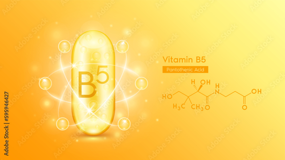 Gold oil capsule vitamin B5 or Pantothenic Acid and structure chemical ...