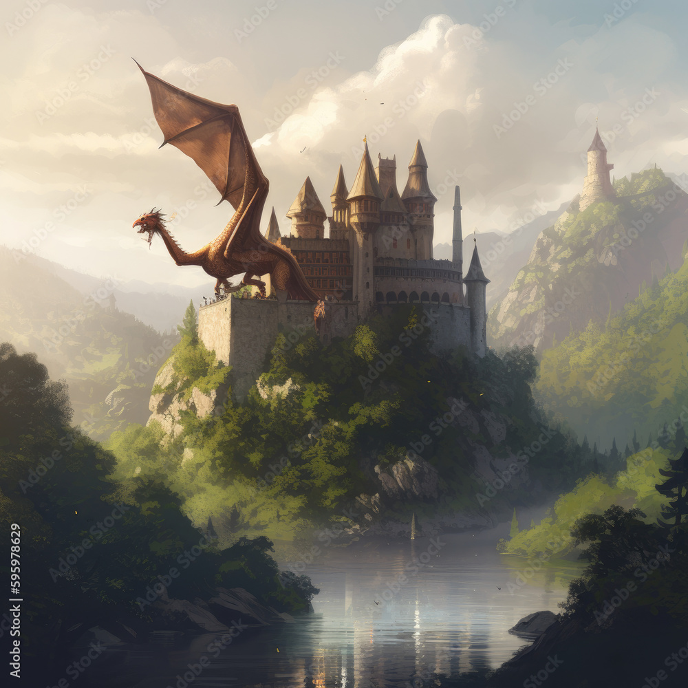 dragon flying around a castle Stock Illustration | Adobe Stock