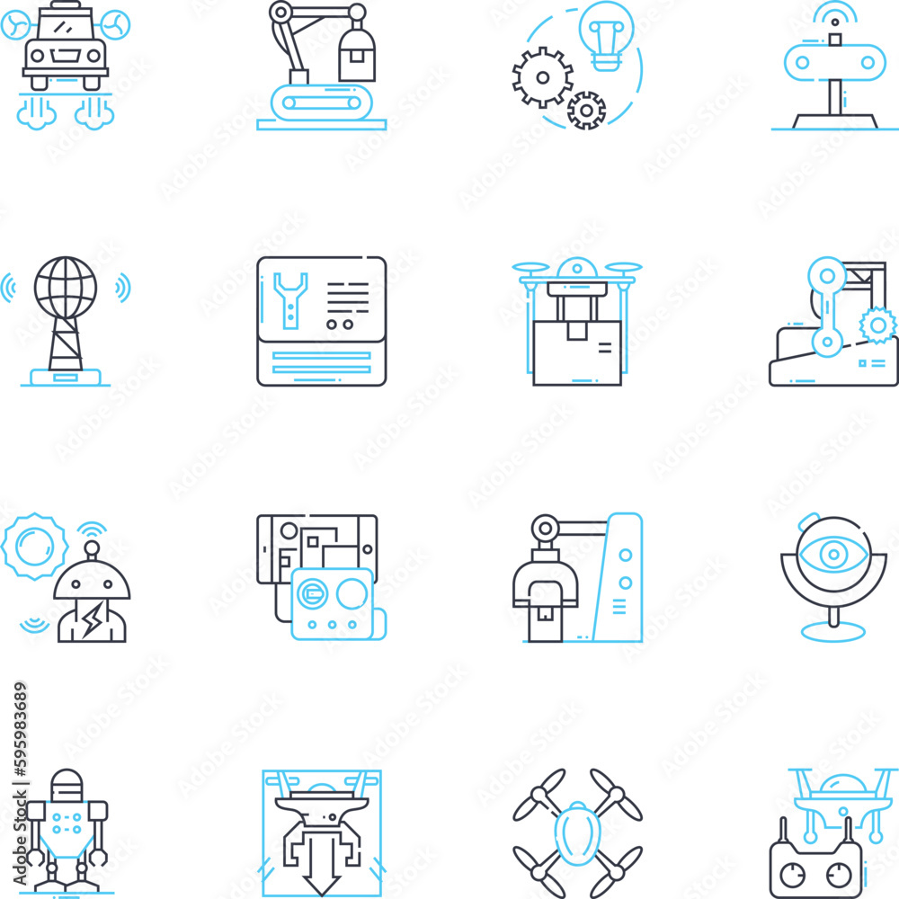 Flying robots linear icons set. Drs, Quadcopters, Hovercraft ...