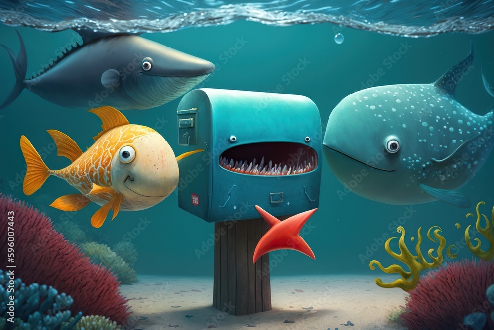 Group of sea creatures using a mailbox to send letters to their friends ...