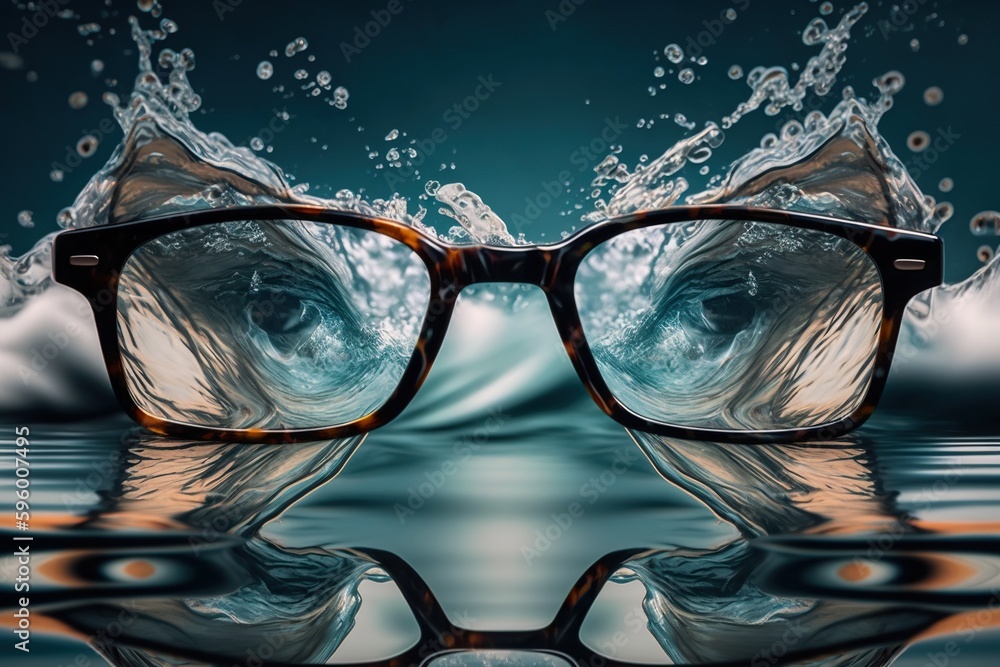 Pair of eyeglasses with lenses made of water creating a distortion ...