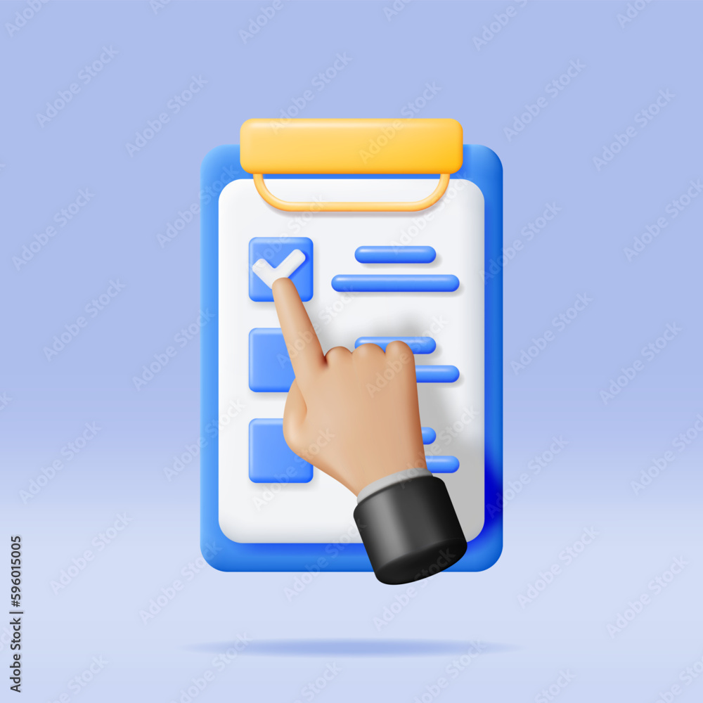 3D Paper Clipboard with Checklist Symbol and Hand. Render Clipboard ...