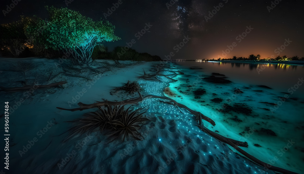 Bio luminescence blue light. Illumination of plankton at sand beach ...