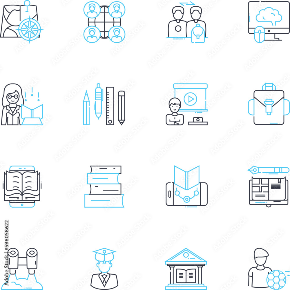 Online education linear icons set. E-learning, Webinar , Distance learning, MOOCs, Virtual ...