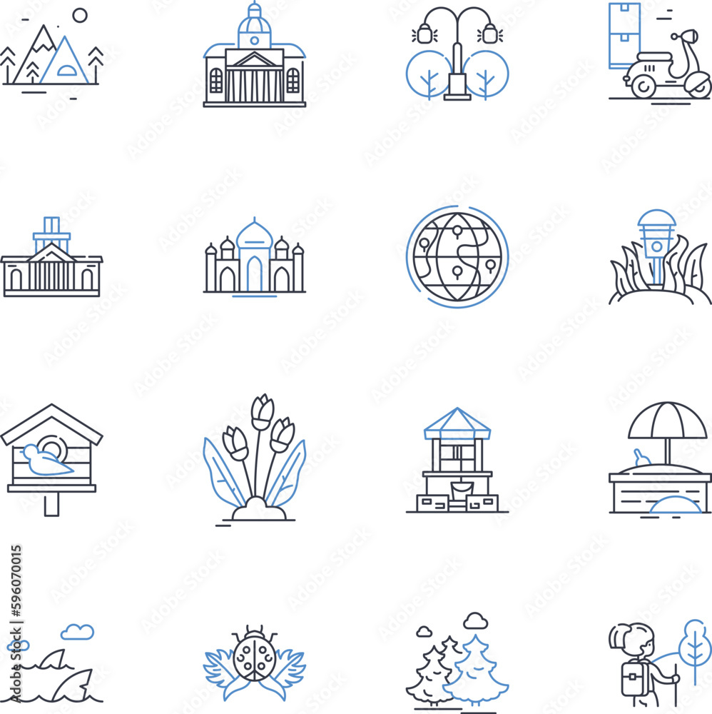 Beachfront piers line icons collection. Oceanfront, Boardwalk, Pier ...
