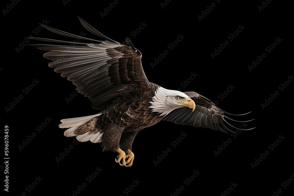 majestic bald eagle soaring through the sky with its wings outstretched ...