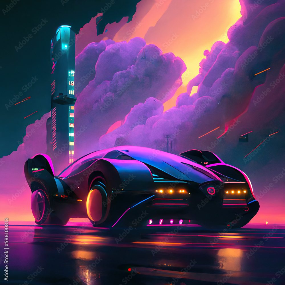 Retro futuristic back side view 80s supercar on trendy synthwave ...
