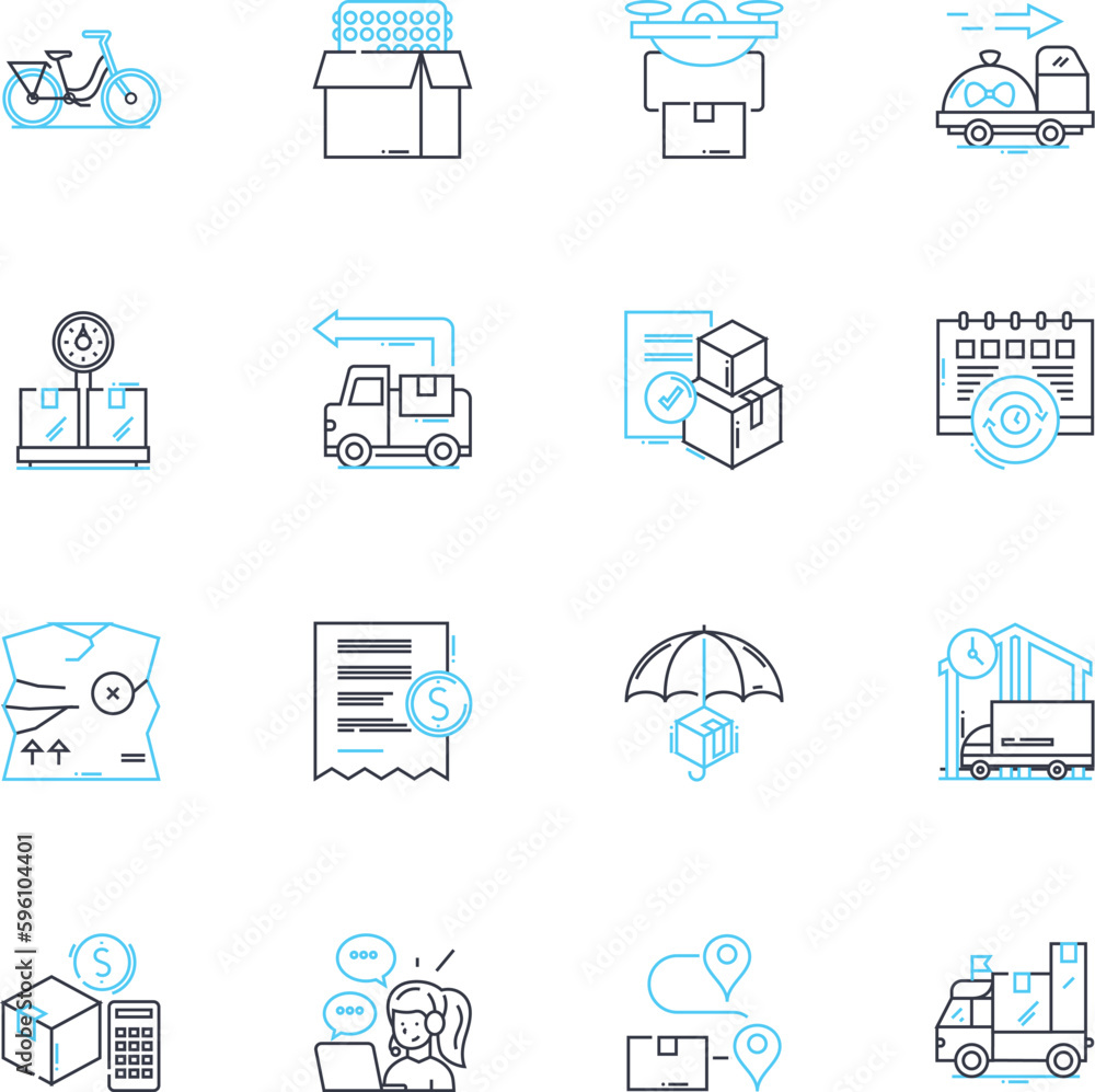 Warehouse operations linear icons set. Inventory, Loading, Unloading, Picking, Packing, Shipping ...
