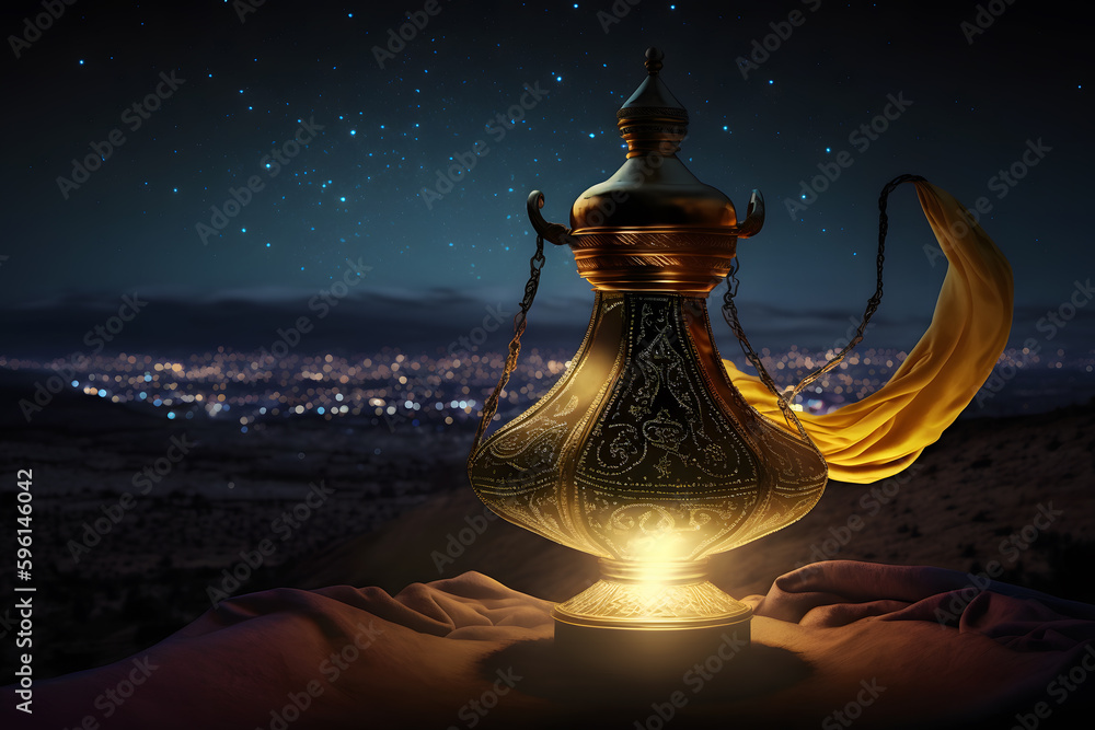 Lamp of Wishes In The Desert - Genie Coming Out Of The Bottle. Neural network AI generated art ...