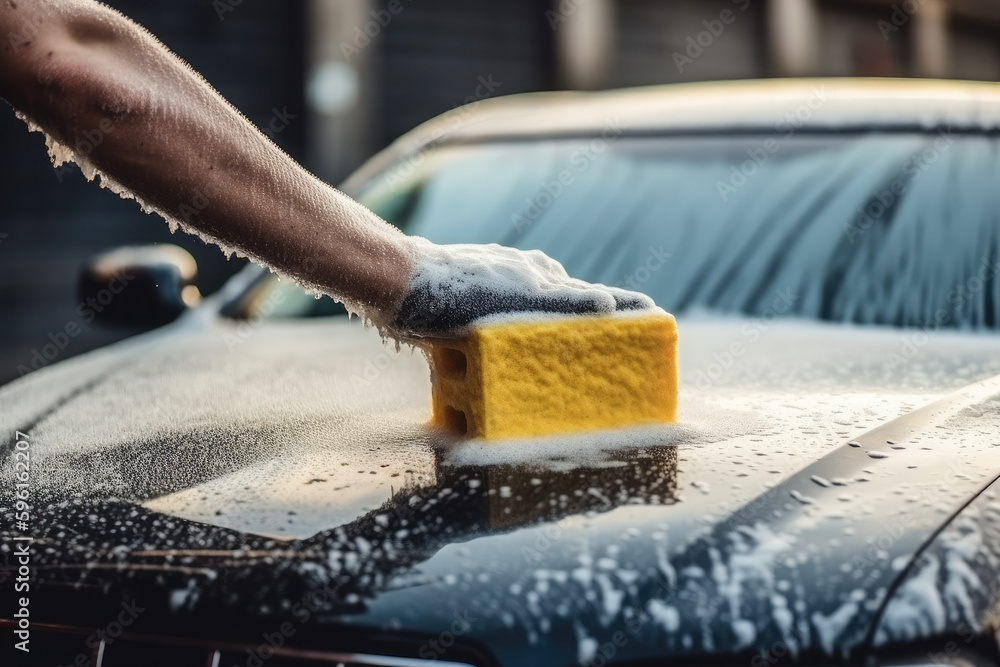Close up man washing her car in a self - service car wash station. Car ...