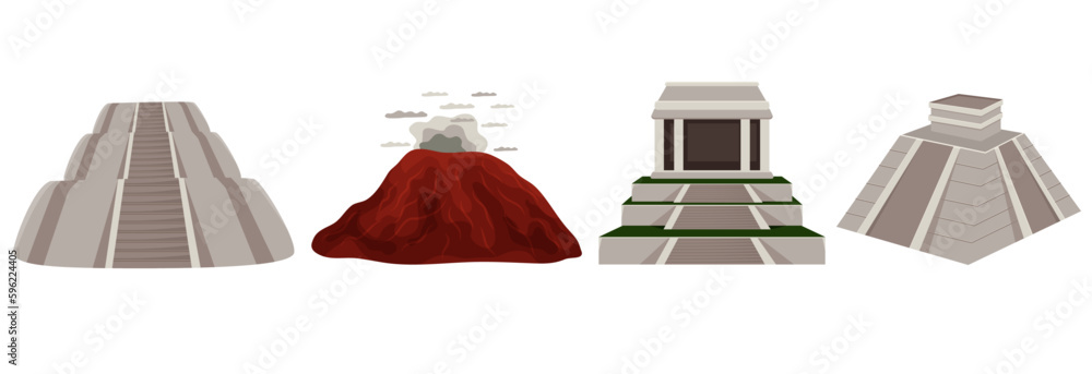 Illustrations with landmarks of Mexico, Teotihuacan pyramids, volcano ...