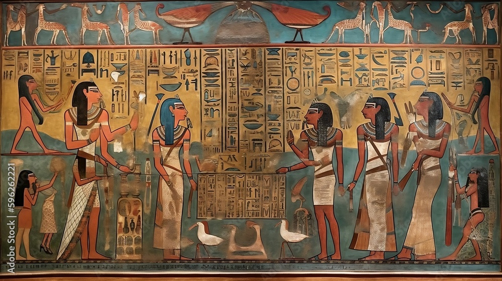 an ancient Egyptian mural situated inside a temple. a realistic and ...