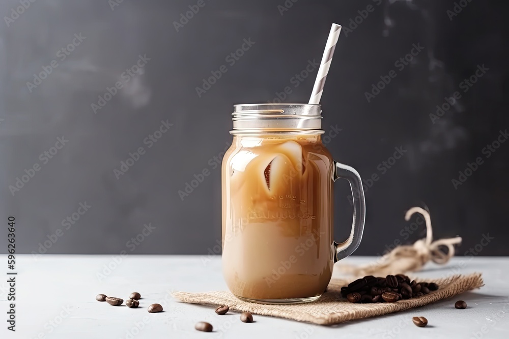 iced coffee latte in a jar, with straw and label for easy take-away ...