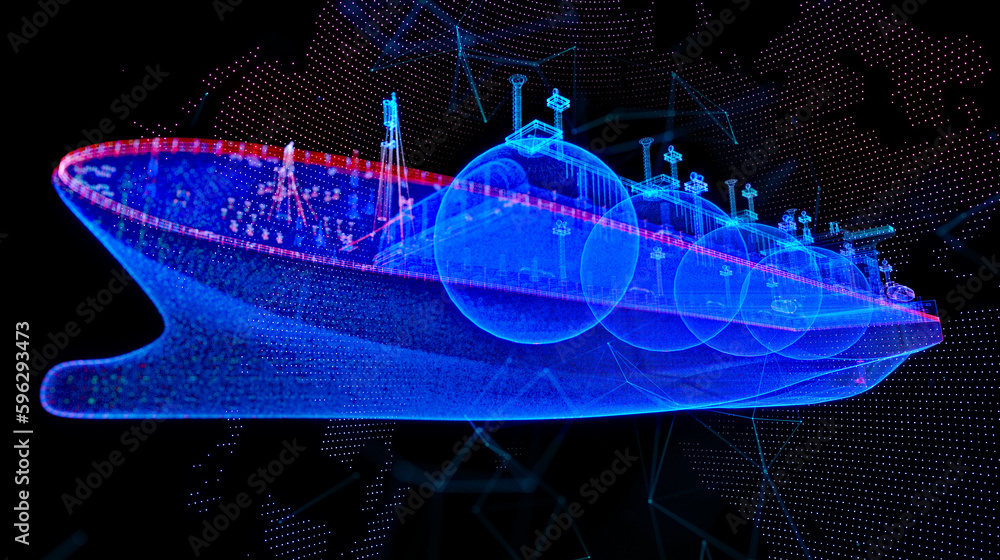 Glowing blue light 3d model Gas carrier LNG with lines, dots and ...