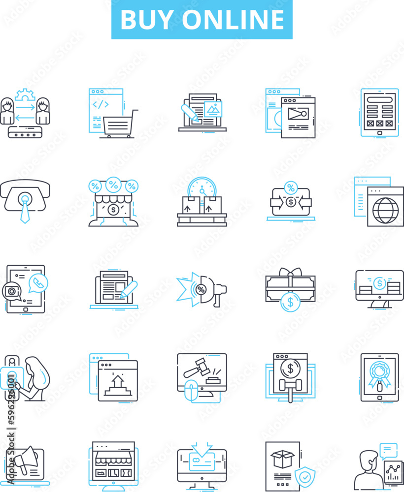 Buy online vector line icons set. Purchase, Order, Obtain, Shop, Buy ...