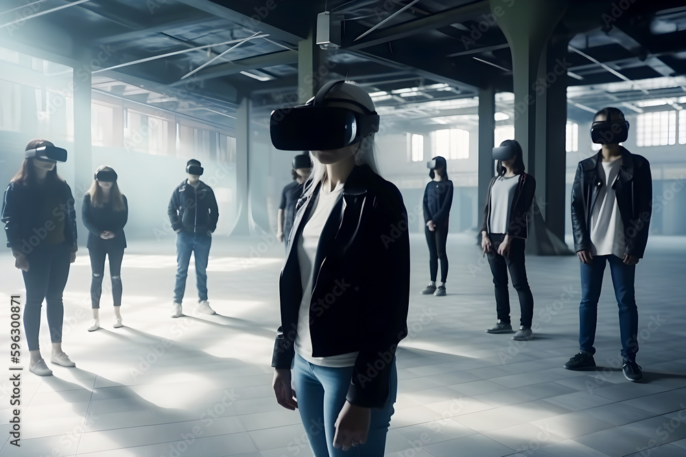 VR People, people wearing virtual glasses in a large room like a hangar ...