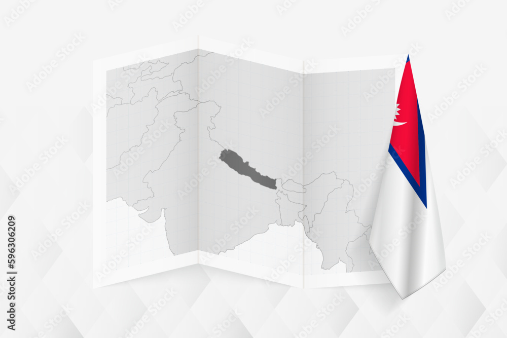 A grayscale map of Nepal with a hanging Nepalese flag on one side ...