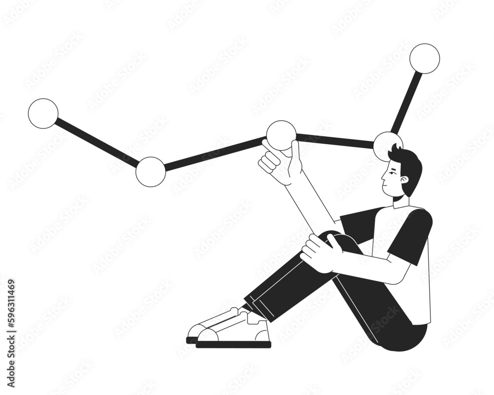 Sitting man with line graph flat line black white vector character ...