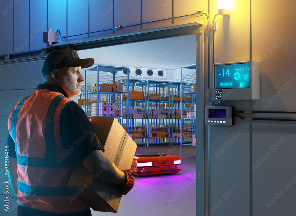 Warehouse loader man. Freezer warehouse. Refrigeration equipment inside ...