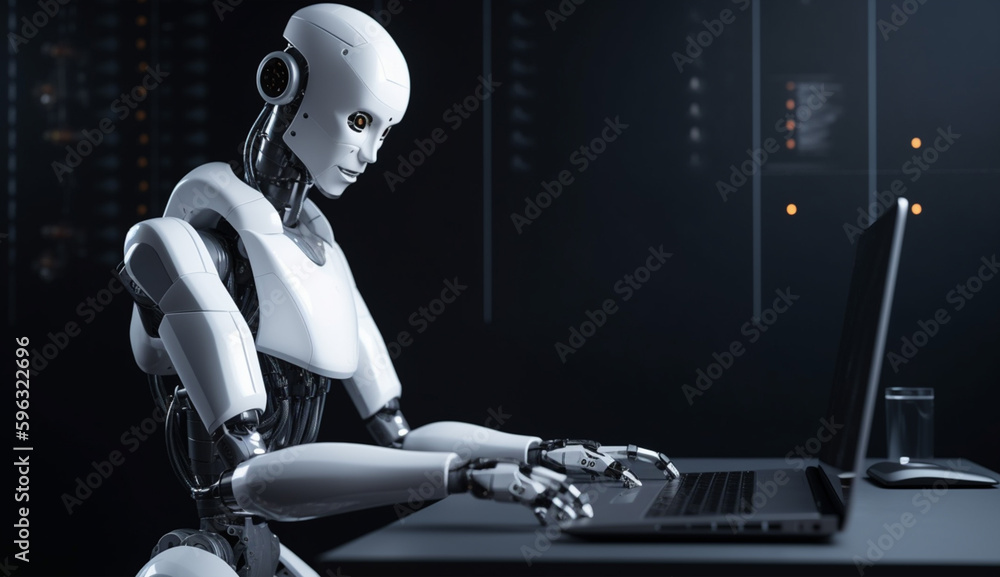 AI chatbot robot assistant sitting at desk using computer as artificial ...