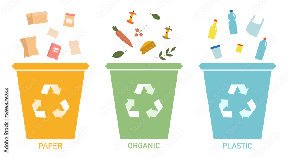 Sorting garbage by material and type in colored trash cans. Waste ...