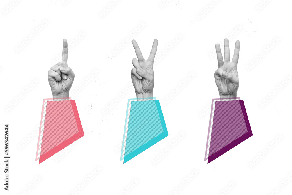Set of 3d hands in sleeves showing gestures counting one, two, three ...