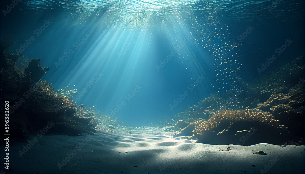 Underwater background deep blue sea and beautiful sun ray under sea. Ai ...
