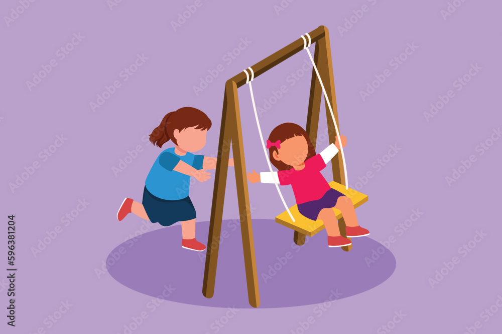 Character flat drawing cute little girl swinging on swing and her ...