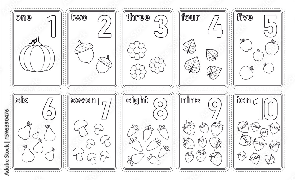 Printable numbers flashcards with vegetables and fruits for preschool ...