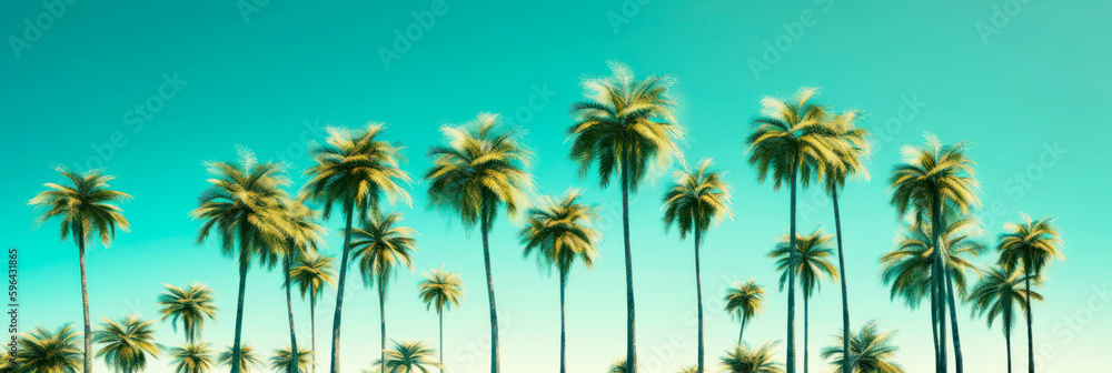 Panoramic image of the upper parts of several tall palm trees lined up ...