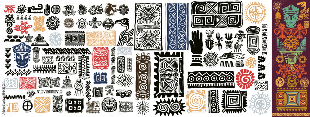 Big set of Mexican gods symbols. Colored abstract aztec animal bird ...