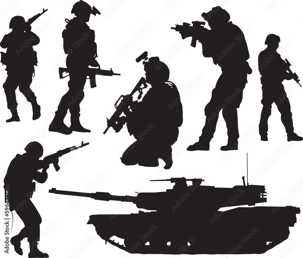 Vector de Stock Black and white military combat soldier silhouettes ...
