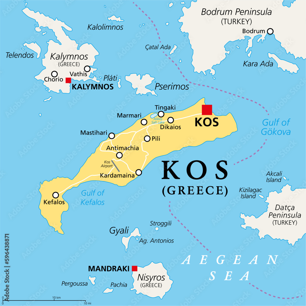 Kos, Greek island, political map. Also Cos, part of the Dodecanese ...