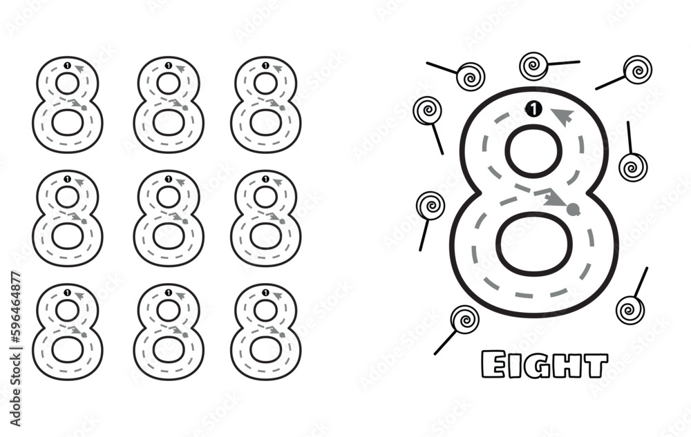 Number Eight trace practice worksheet for prek kids and toddlers ...